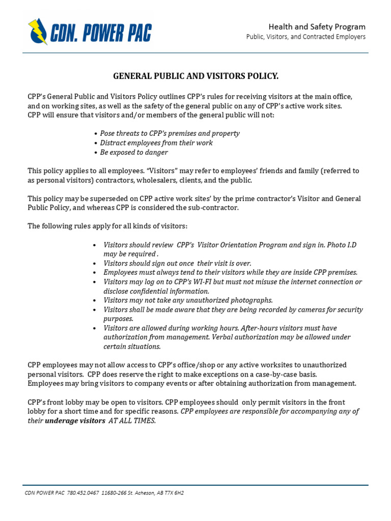 CPP Visitor and Contractor Safety Policy | PDF | Subcontractor | Safety