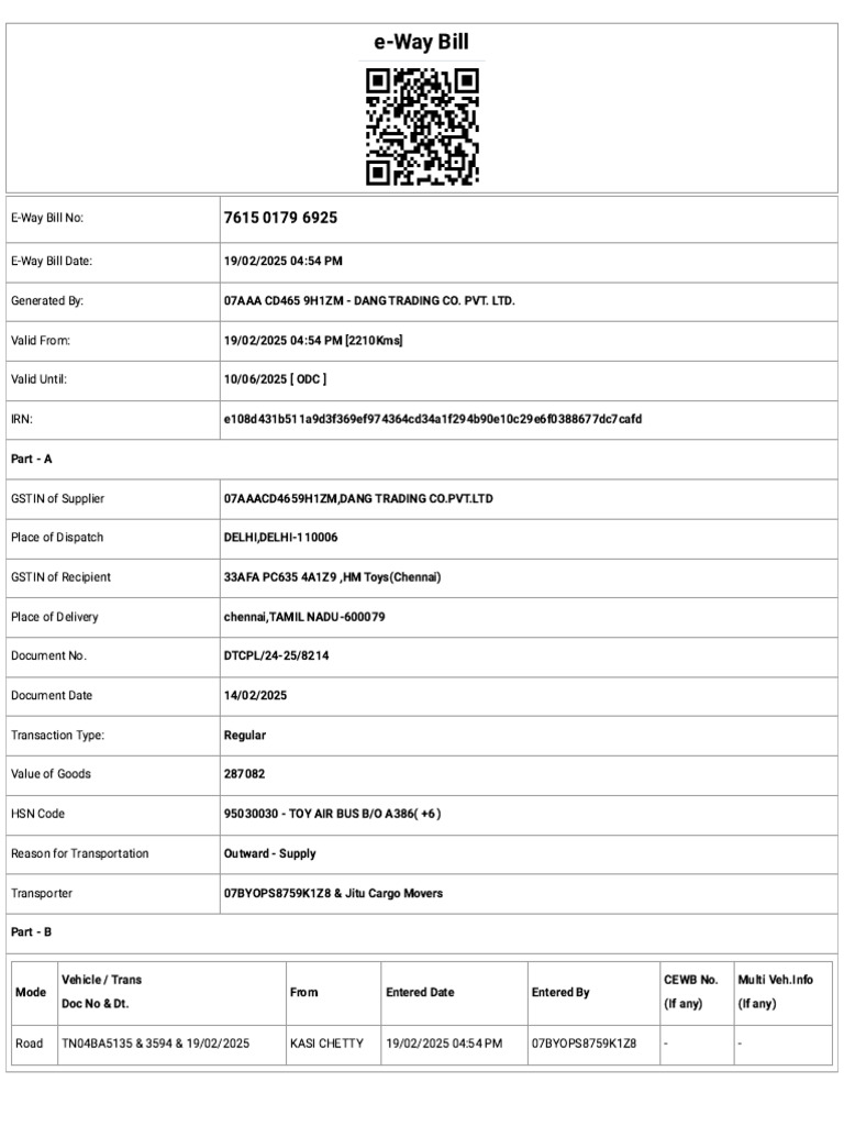 E-Way Bill for Toy Shipment | PDF