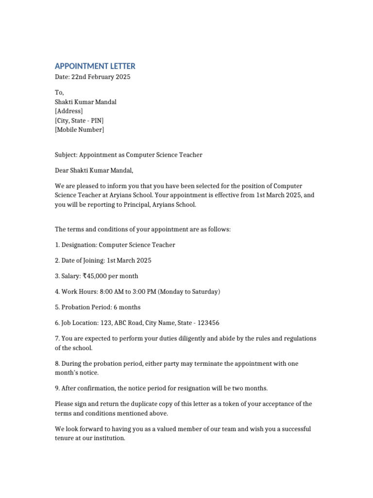 Appointment Letter for Computer Science Teacher | PDF