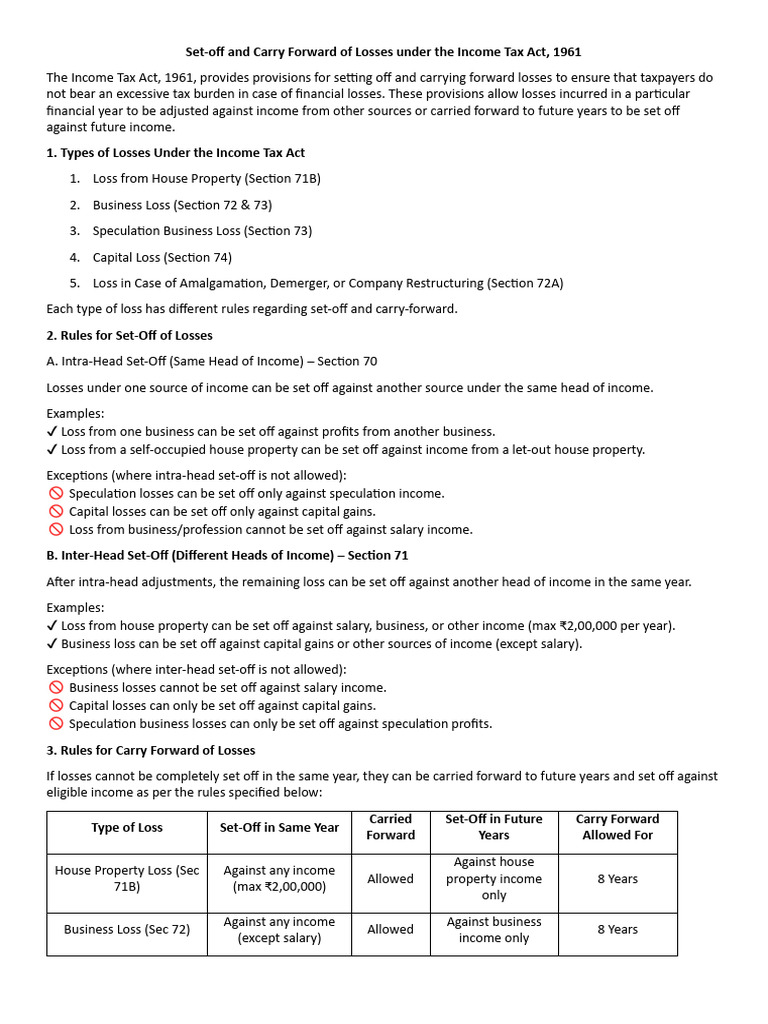Tax Loss Set-Off & Carry Forward Guide | PDF | Taxes | Income Tax