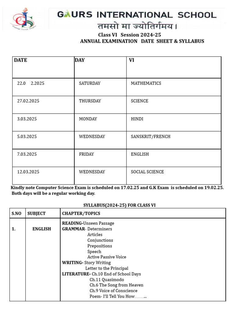 Annual Examination Class Vi Date Sheet and Syllabus 202425 | PDF