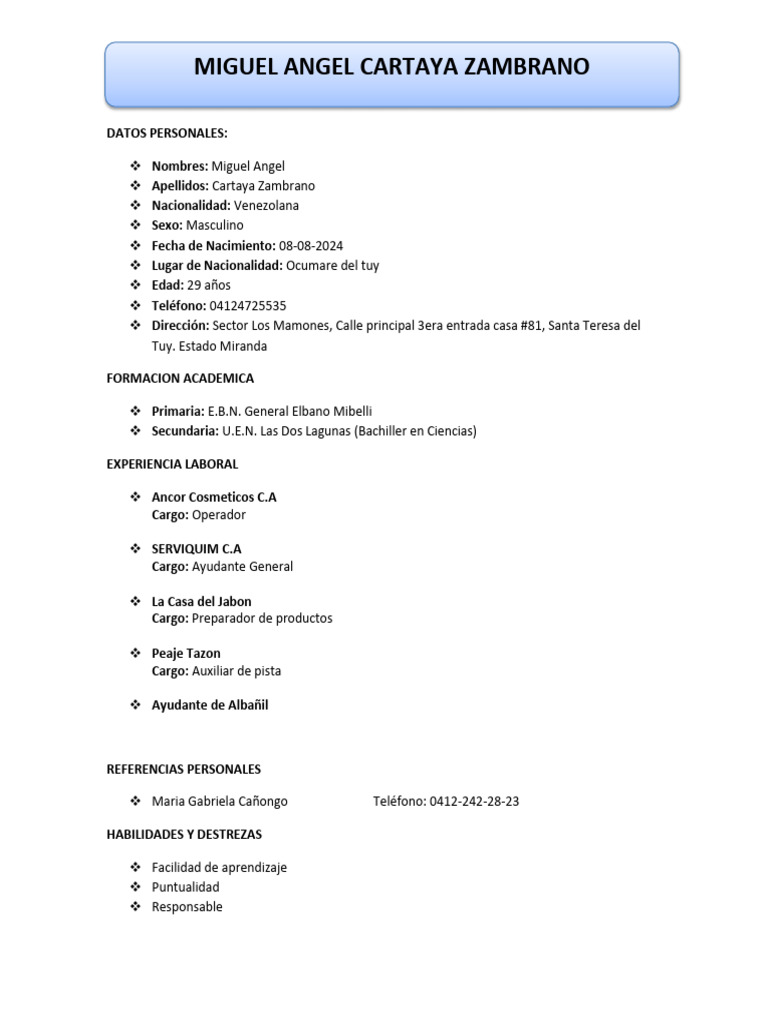 Curriculum Miguel Angel Cartaya 1 | PDF