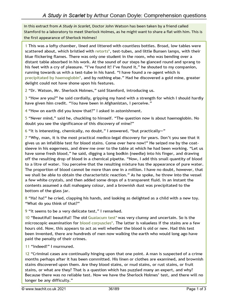 Comprehension Questions for A Study in Scarlet | PDF | Sherlock Holmes ...