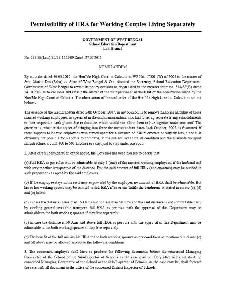 HRA Rules for Working Couples in WB | PDF | Government | Justice