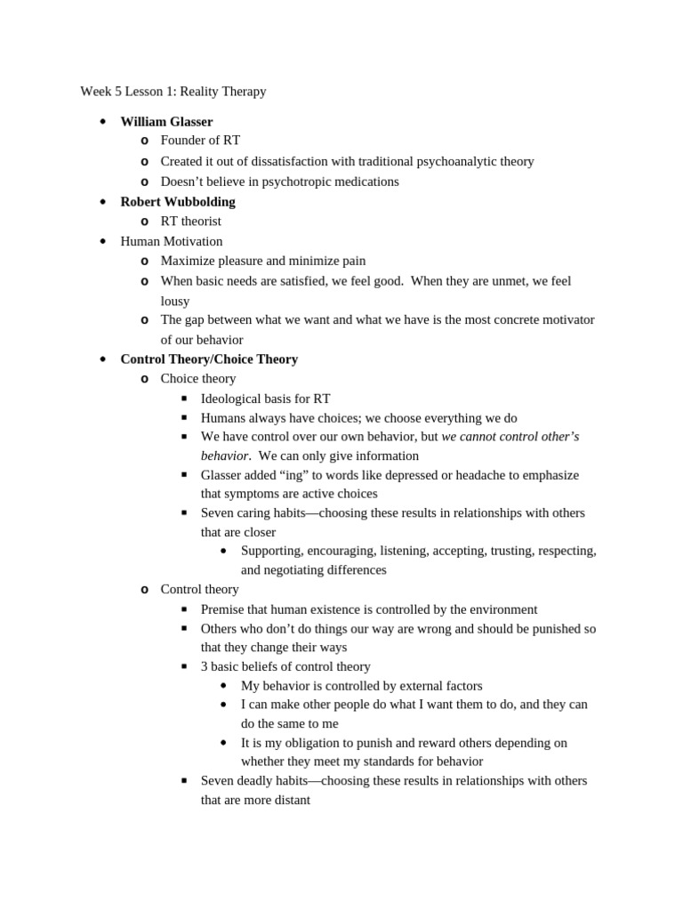 Week 5 Lesson 1 Reality Therapy | PDF | Psychotherapy | Love