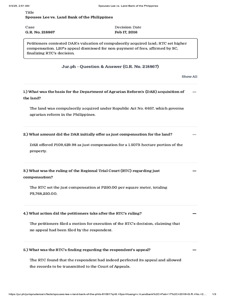 Lee vs. Land Bank: Appeal Dismissal Case | PDF | Appeal | Supreme Court ...