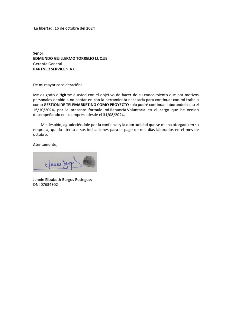 Carta de Renuncia Jennie | PDF