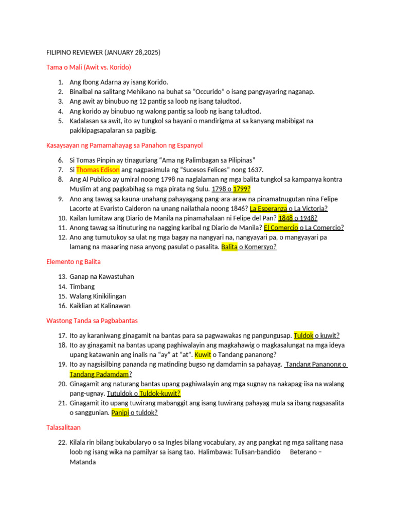 Filipino Reviewer | PDF
