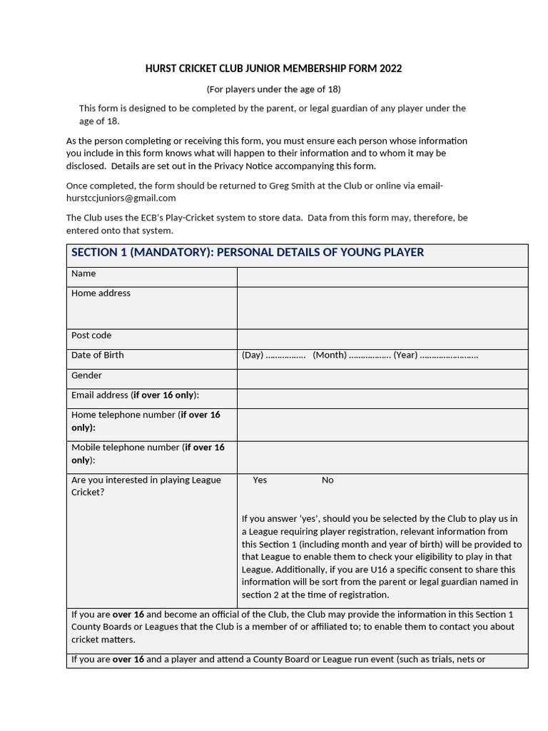 Hurst Cricket Club Junior Membership Form | PDF | Disability | Consent