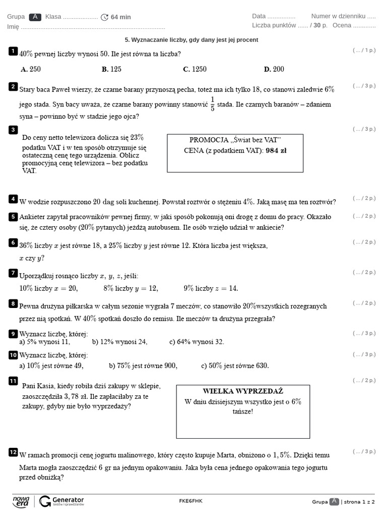 Wyznaczanie Liczby, Gdy Dany Jest Jej Procent Test (Z Widoczną ...