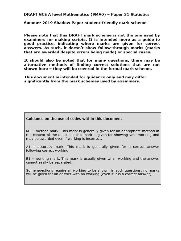 Statistics Draft Shadow Paper Mark Scheme | PDF | Statistical Analysis | Teaching Mathematics