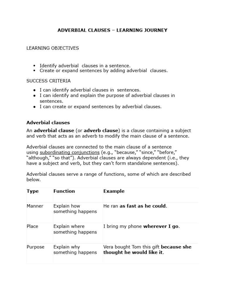 Adverbial Clauses - Learning Journey | PDF | Clause | Subject (Grammar)