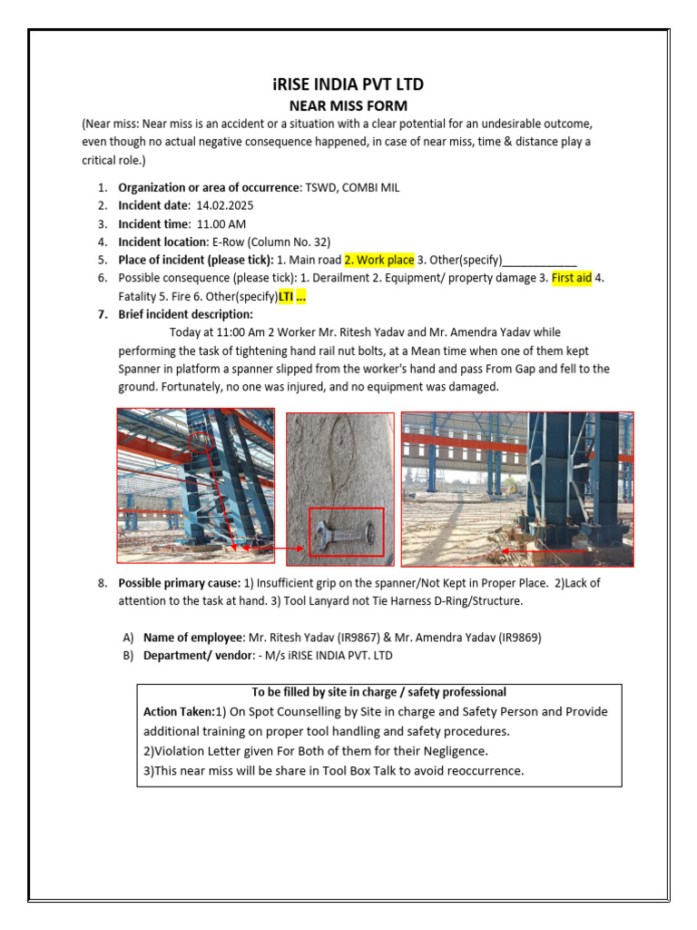 Near Miss Incident Report Template | PDF