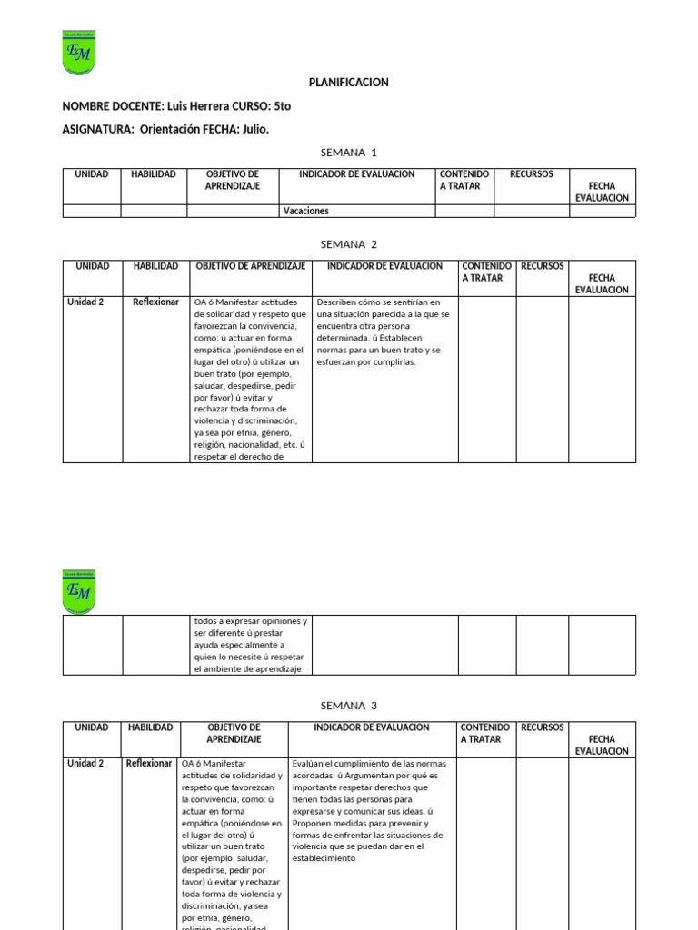 PLANIFICACION 5to Básico or Julio 24 | PDF | Evaluación | Aprendizaje