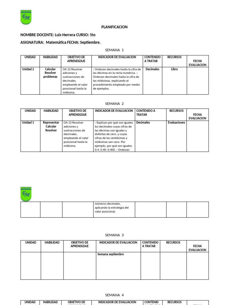 PLANIFICACION 5to Básico Septiembre 24 | PDF | Evaluación | Decimal