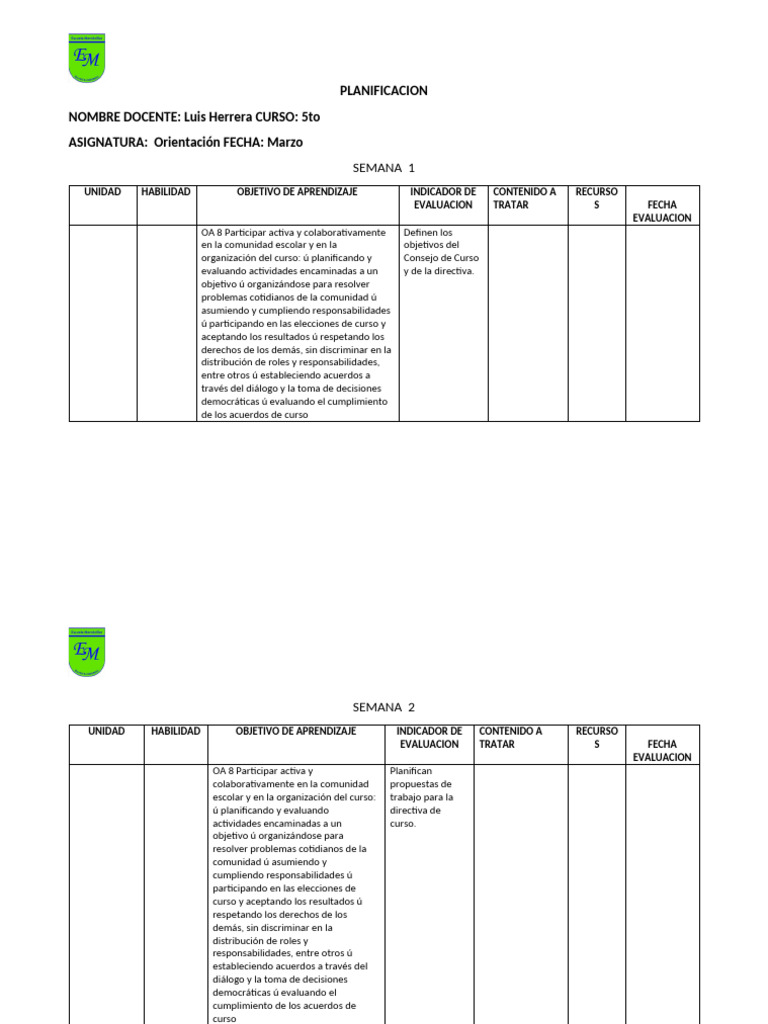 PLANIFICACION 5to Básico Or Marzo 24 | PDF | Evaluación | Toma de ...