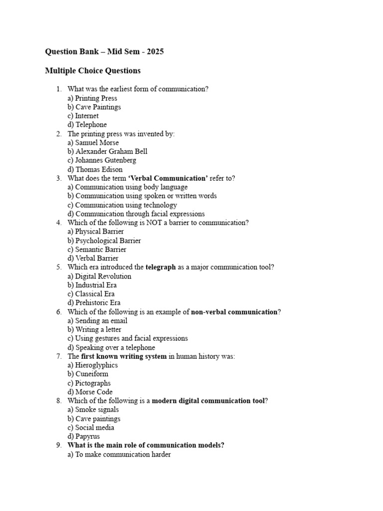 Question Bank - Midsem | PDF | Communication | Nonverbal Communication