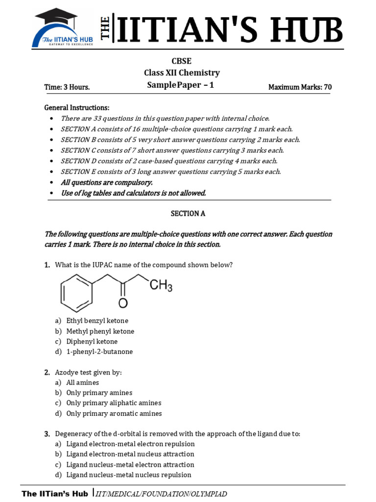 CBSE Class 12 Chemistry Sample Paper 1 | PDF | Biomolecules ...