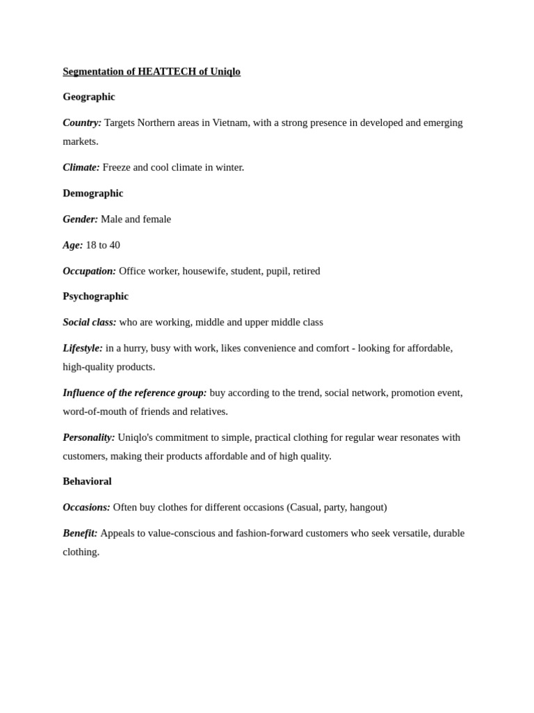 Segmentation of HEATTECH of Uniqlo | PDF