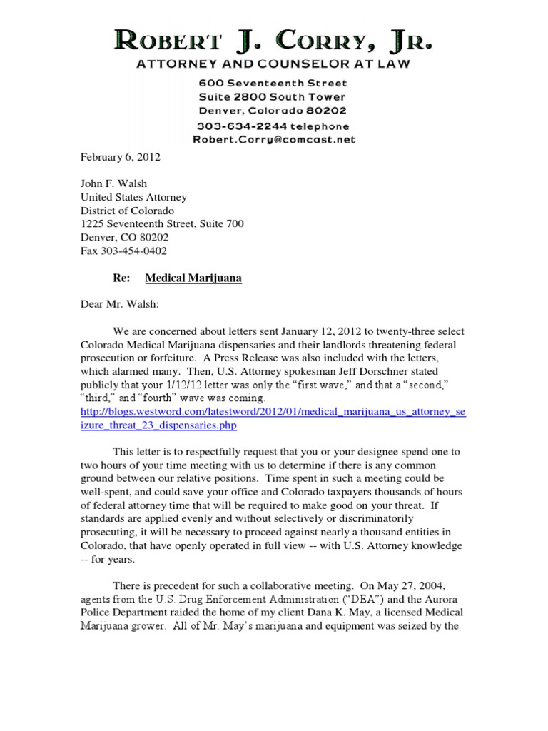 Rob Corry Letter To John Walsh 1 | PDF | Controlled Substances Act ...