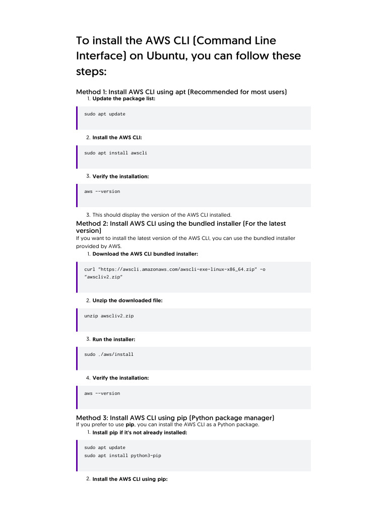 To Install The AWS CLI (Command Line Interface) On Ubuntu, You Can Follow These Steps | PDF