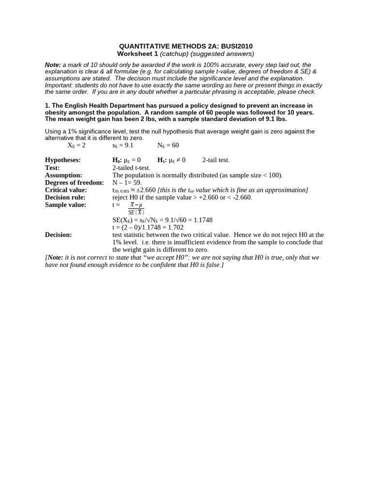 Worksheet 1 catchup answers 2022-23 | PDF | Student's T Test ...