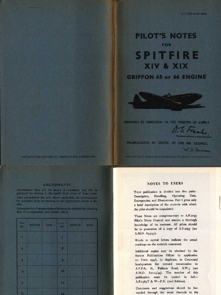 (Pilot's Notes) Supermarine Spitfire XIV XIX - Griffon 65 or 66 Engine ...