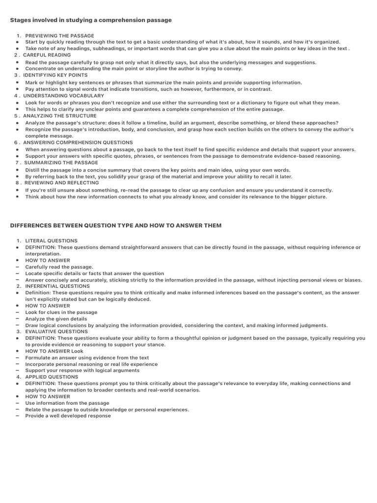 Comprehension Passage Study Guide | PDF | Reading Comprehension | Inference