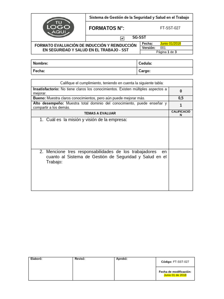 FT SST 027 Formato Evaluacion Induccion y Reinduccion de SST | PDF