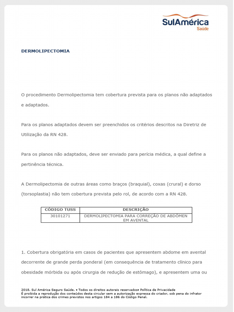 Cobertura de Dermolipectomia TUSS | PDF