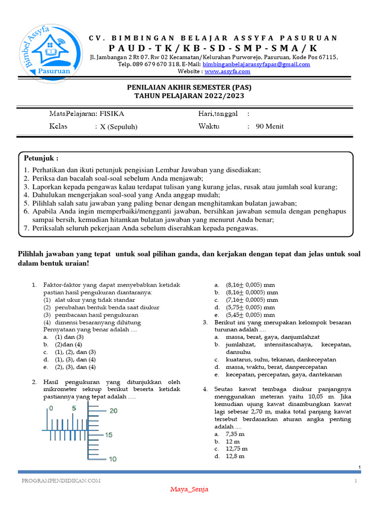 Latihan Soal PAS FISIKA SMA Kelas X Seme | PDF