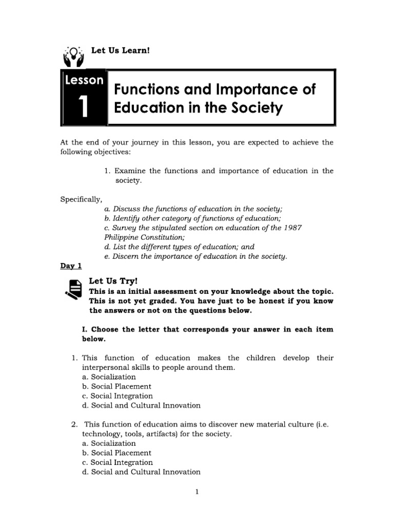 UCSP Module8 FunctionsOfEducation | PDF