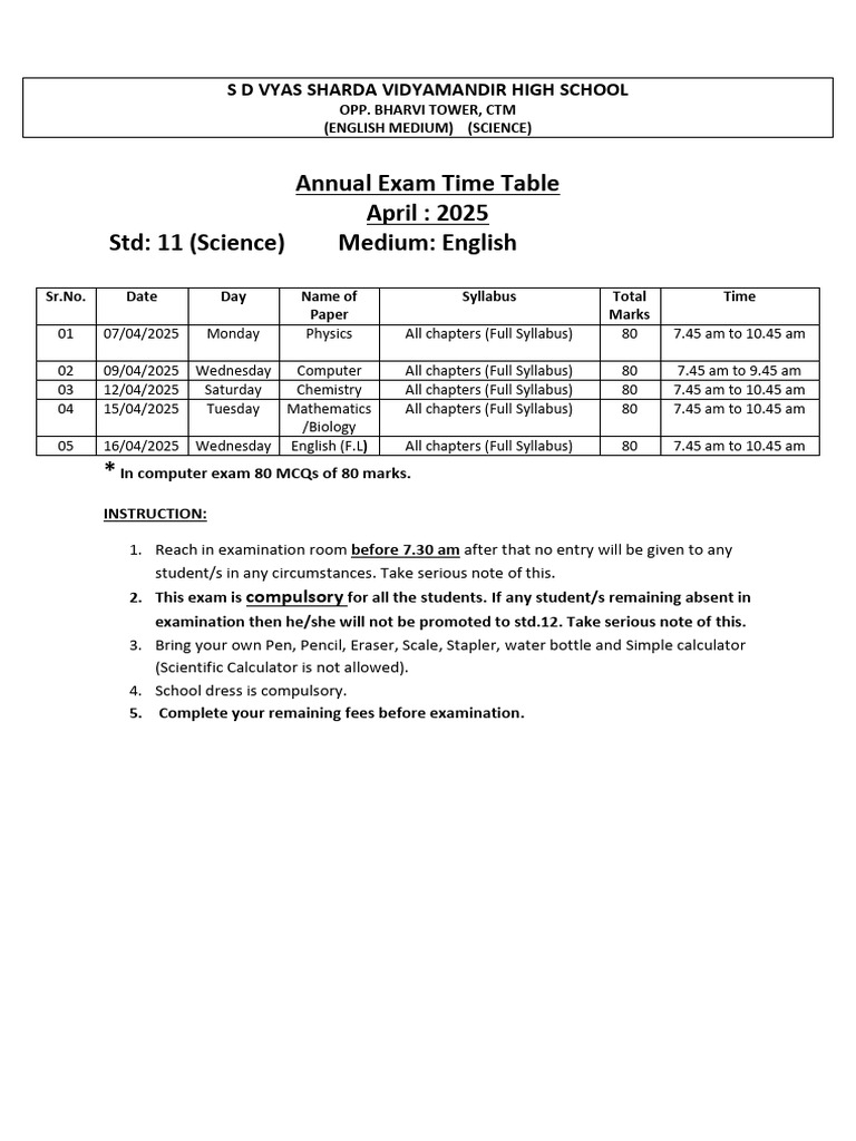 STD 11 Annual Exam Time Table April 2025 | PDF