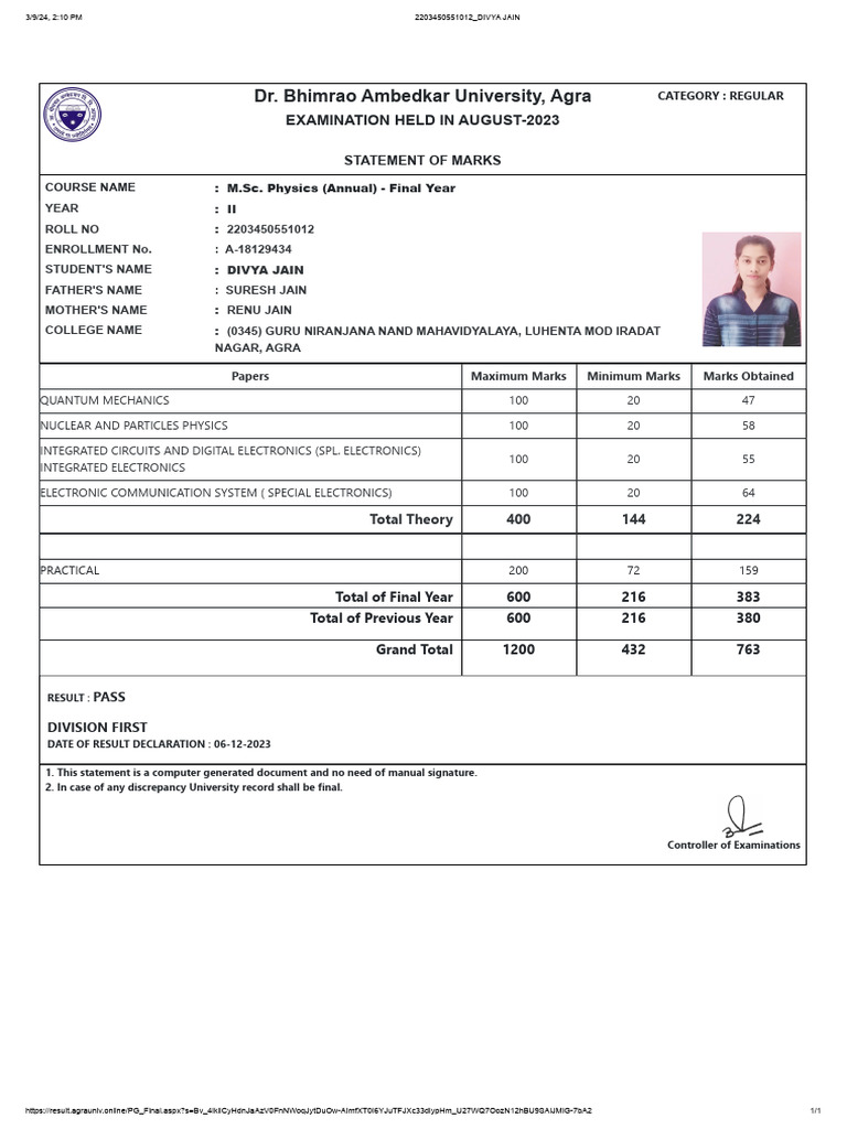 M.Sc. Physics Final Year Marks 2023 | PDF | Applied And Interdisciplinary Physics | Physical ...