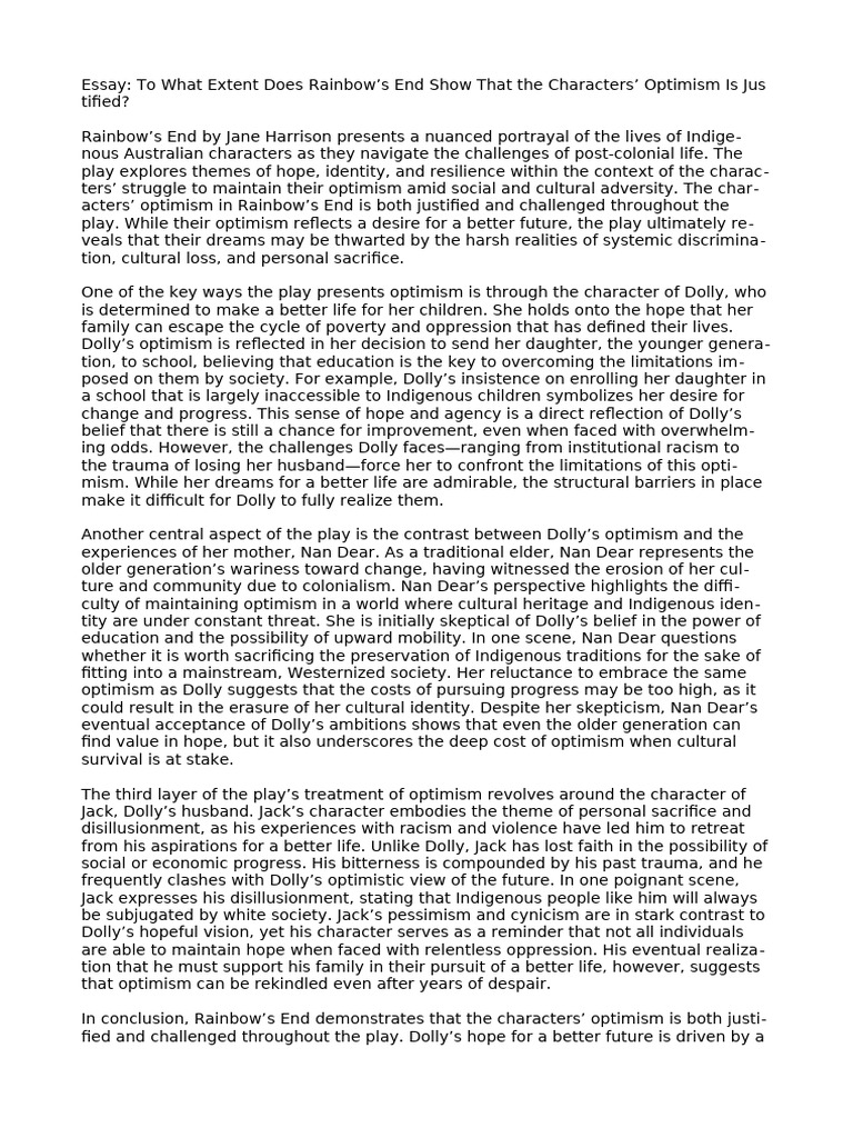 Essay To What Extent Does Rainbow's End Show That The Characters | PDF | Optimism | Social ...