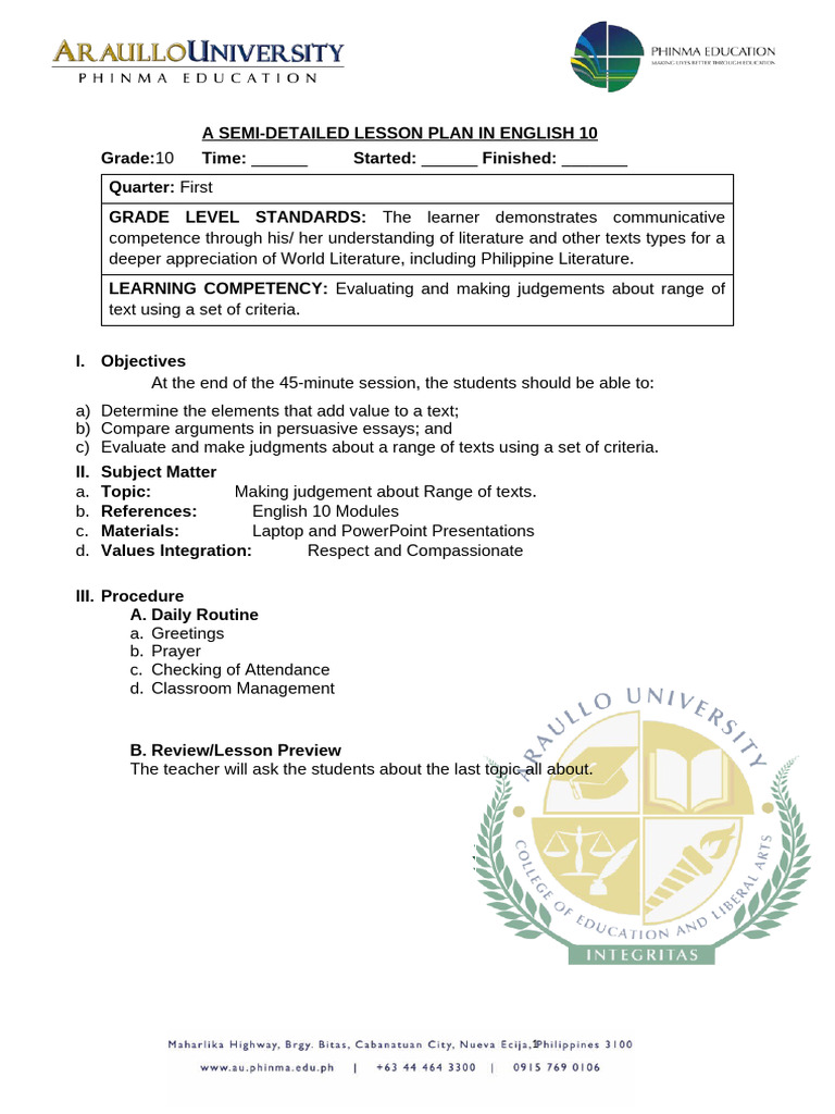 English 10 Lesson Plan on Textual Aids | PDF | Lesson Plan | Learning