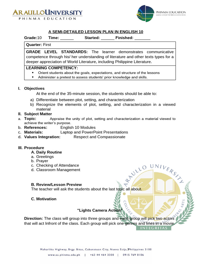 Semi-Detailed Lesson Plan Week 3 English 10 | PDF | Thriller (Genre ...