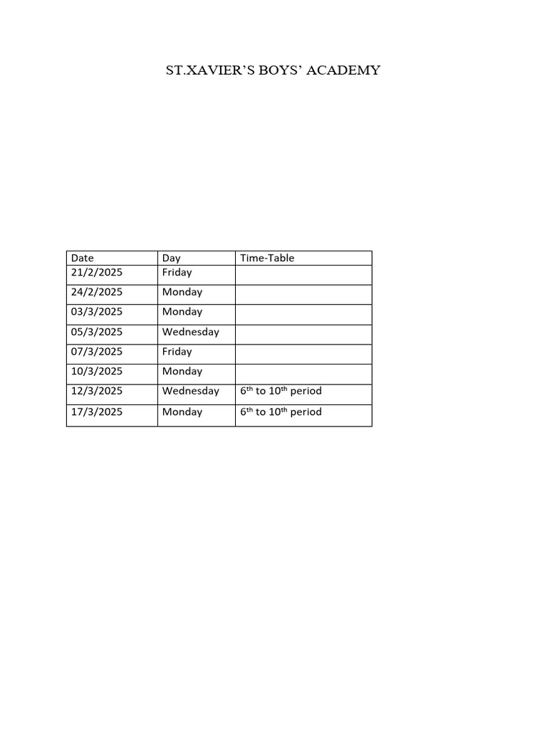 SSC Exam - School Time Table (March 2025) | PDF