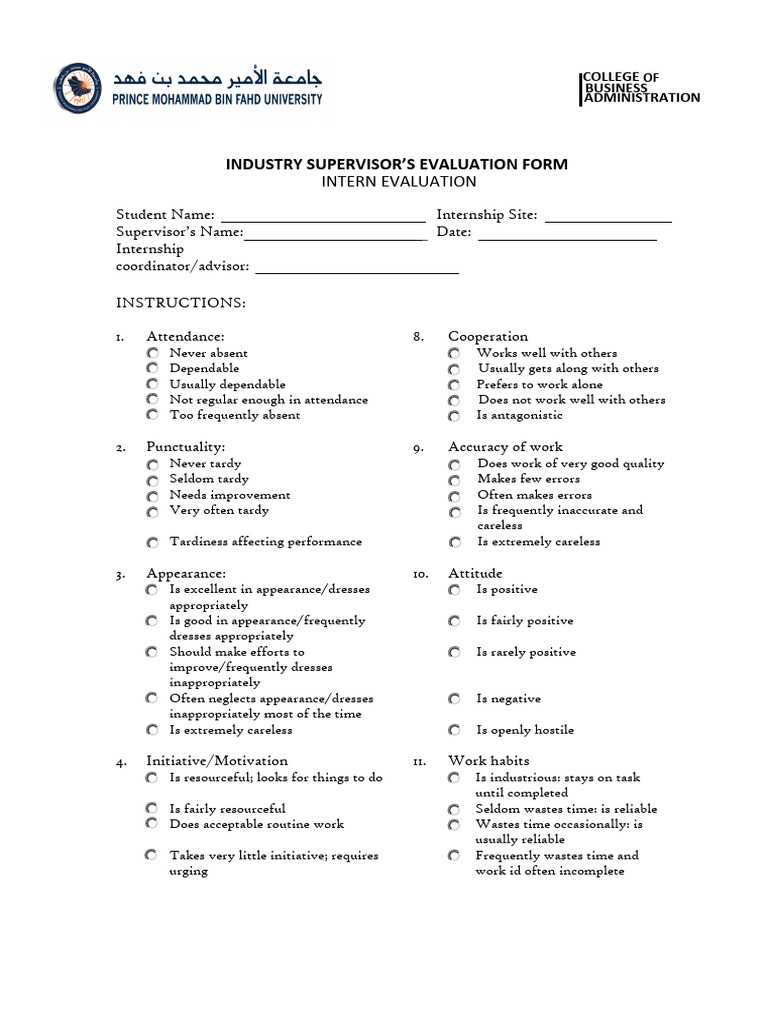 Industry Supervisor Evaluation | PDF | Communication | Cognitive Science