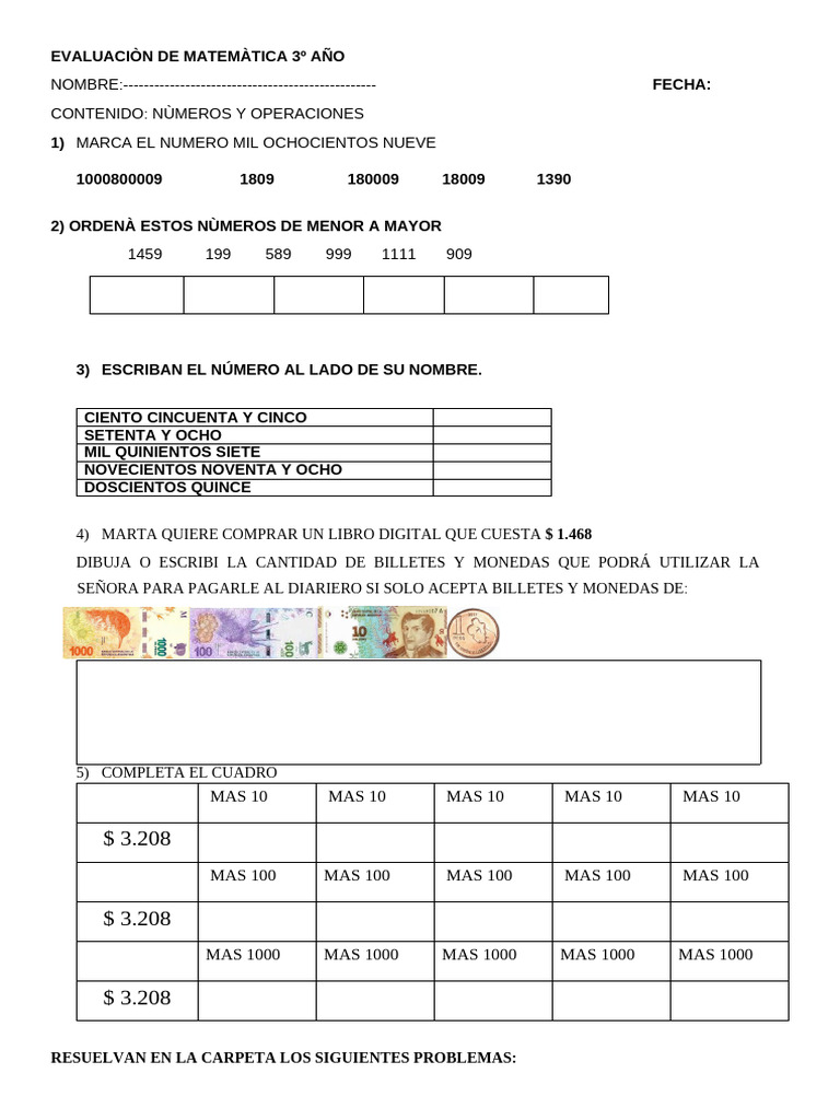 Evaluaciòn de Matemàtica 3º Añ1 | PDF | Moneda | Mercado de divisas