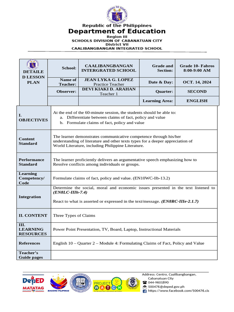 SEMI DETAILED LESSON PLAN- DEMO | PDF | Learning | Argument