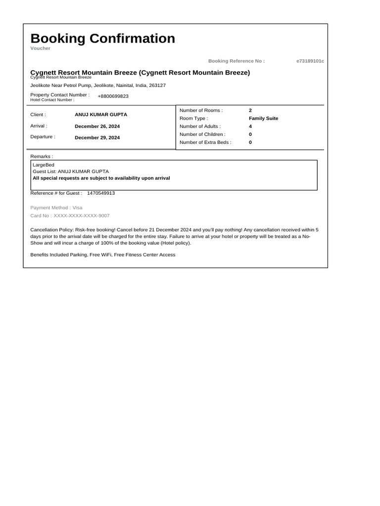 Cygnett Resort Booking Confirmation | PDF