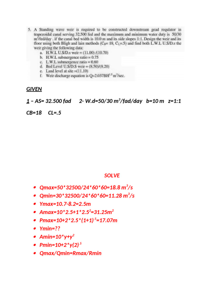 Given 1 - AS 32.500 Fad 2-W.d 50/30 M /fad/day B 10 M Z 1:1 CB 18 CL .5 ...