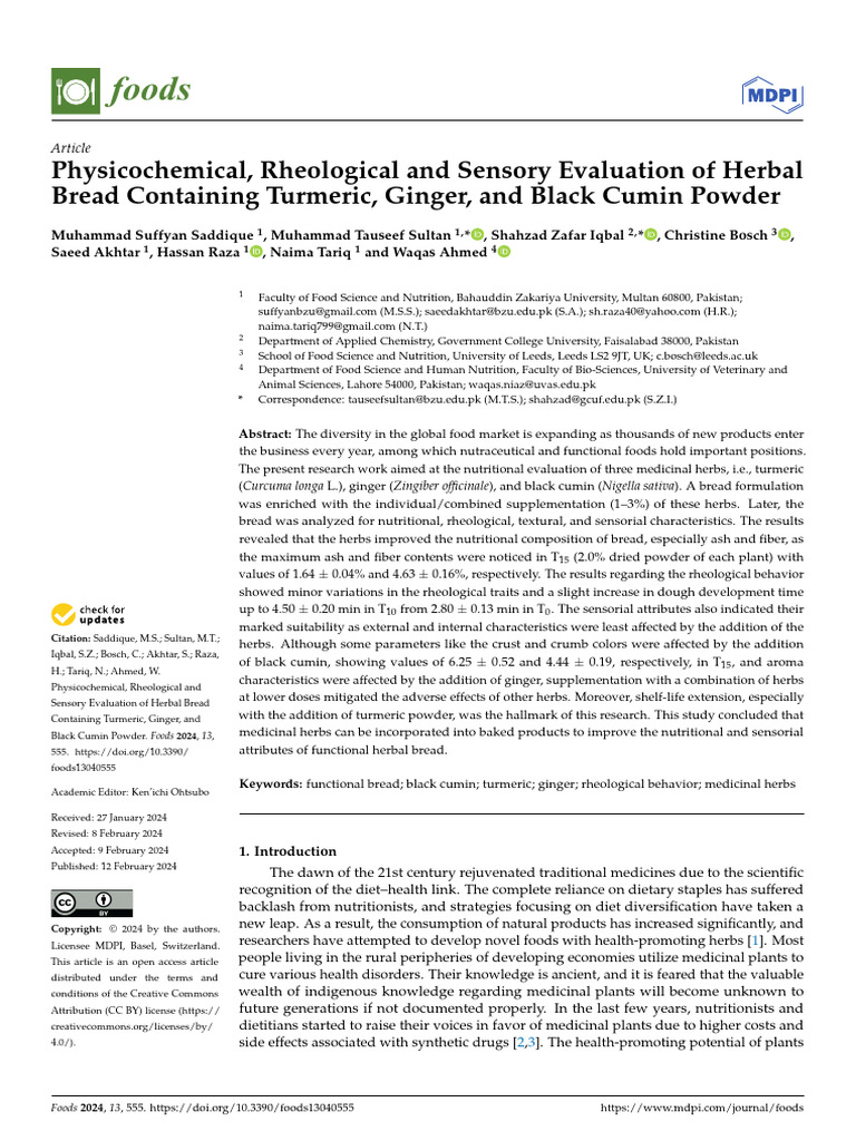 Physicochemical, Rheological and Sensory Evaluation of Herbal Bread Containing Turmeric, Ginger ...