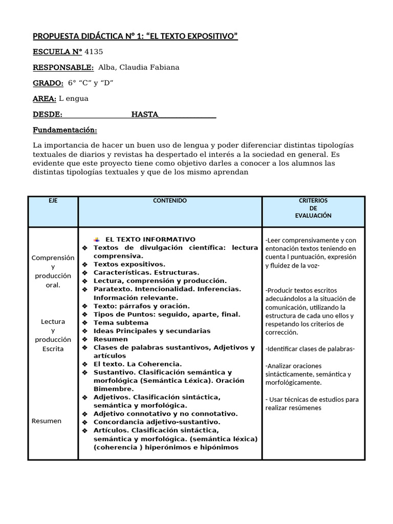 PROP. DIDÁC. N 1 El Texto Expositivo 6to 2023 Recu | PDF | Asunto (gramática) | Palabra