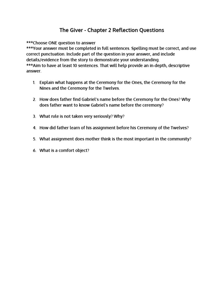 The Giver - Chapter 2 Reflection Questions | PDF