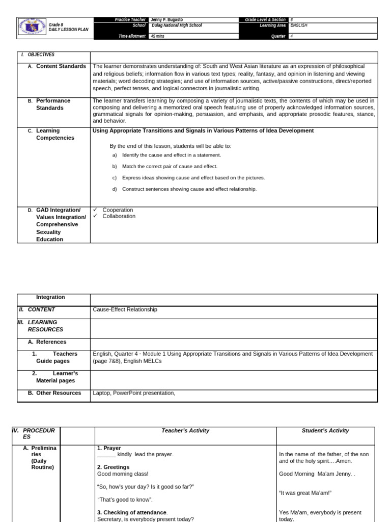 Grade 8 English Lesson Plan: Cause-Effect | PDF | Learning | English ...
