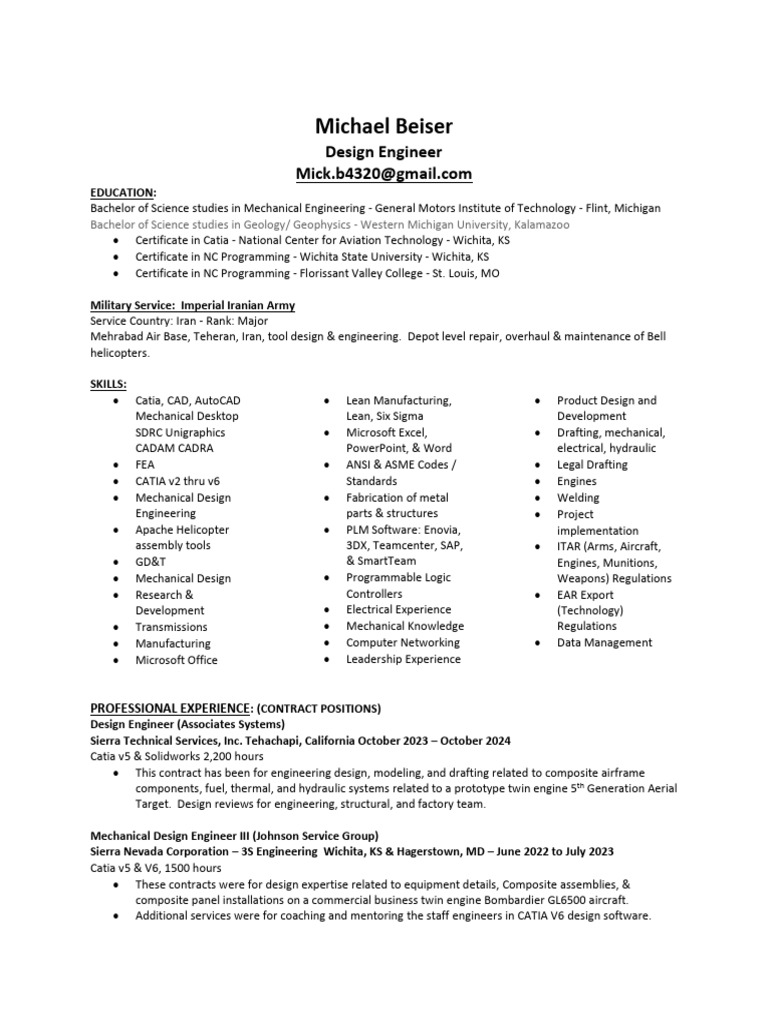 Mechanical Design Engineer Profile | PDF | Engineering | Aircraft