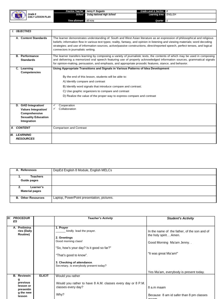 Grade 8 English Lesson: Compare & Contrast | PDF | Learning | English ...
