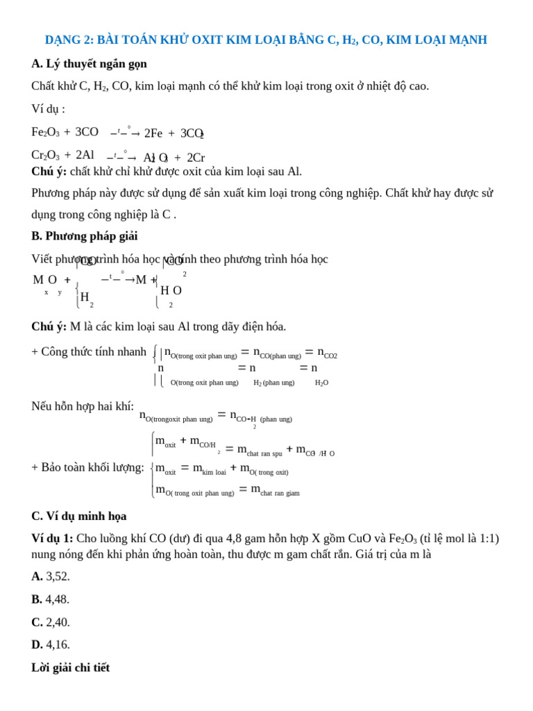 [123doc] 50 Bai Toan Ve Khu Oxit Kim Loai Bang c h2 Co Kim Loai Manh Co Dap an 2022 Hoa Hoc 12 | PDF